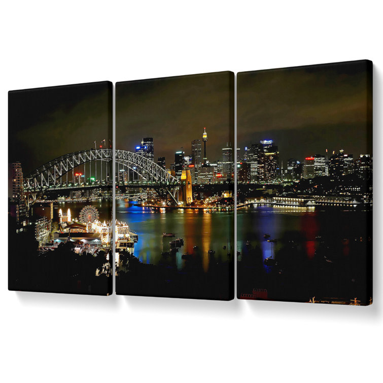 Ebern Designs Sydney Harbour Bridge Evening Glow 3 Piece Wrapped